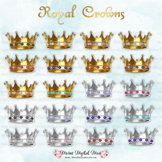 Royal Crowns w/ Gems Gold Silver Clipart Digital Instant