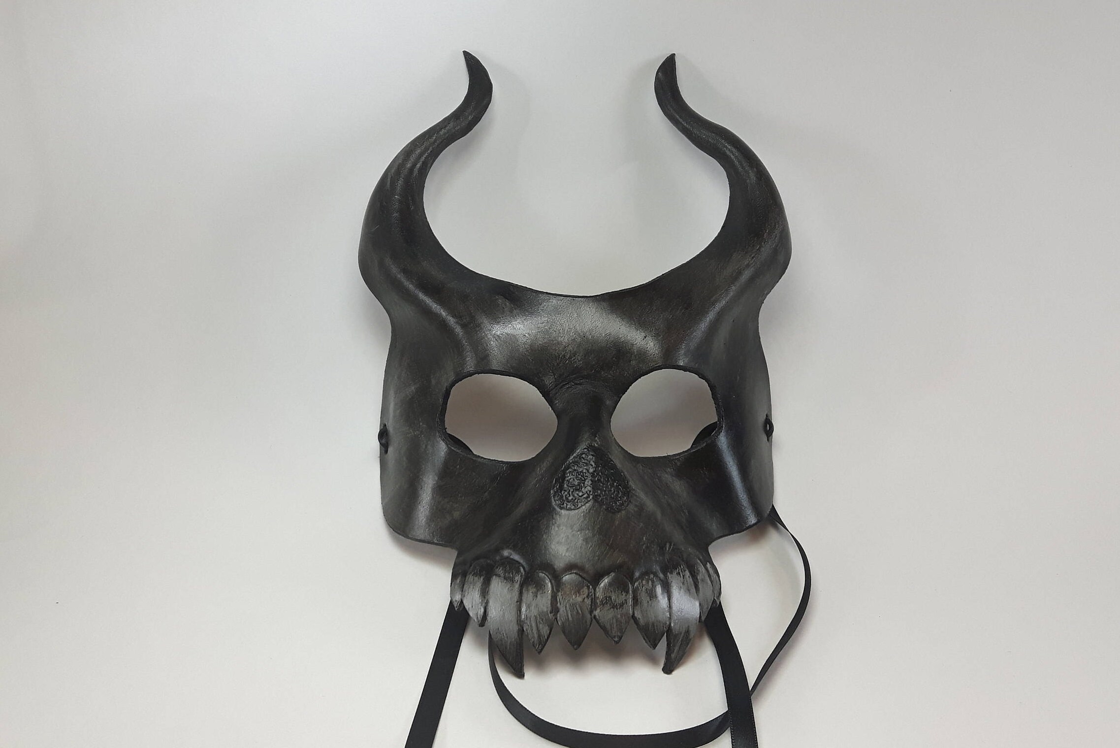 Leather Skull Mask black bone fang design With horns