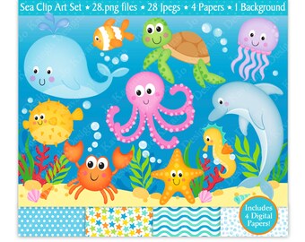 Cute Little Sea Animals Boy Clip Art Set