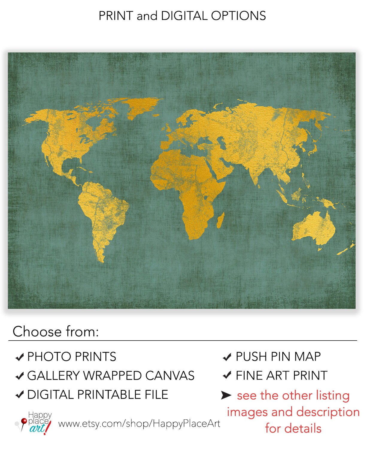 Large Gold World Map Gold Foil Style Dark green Dorm study