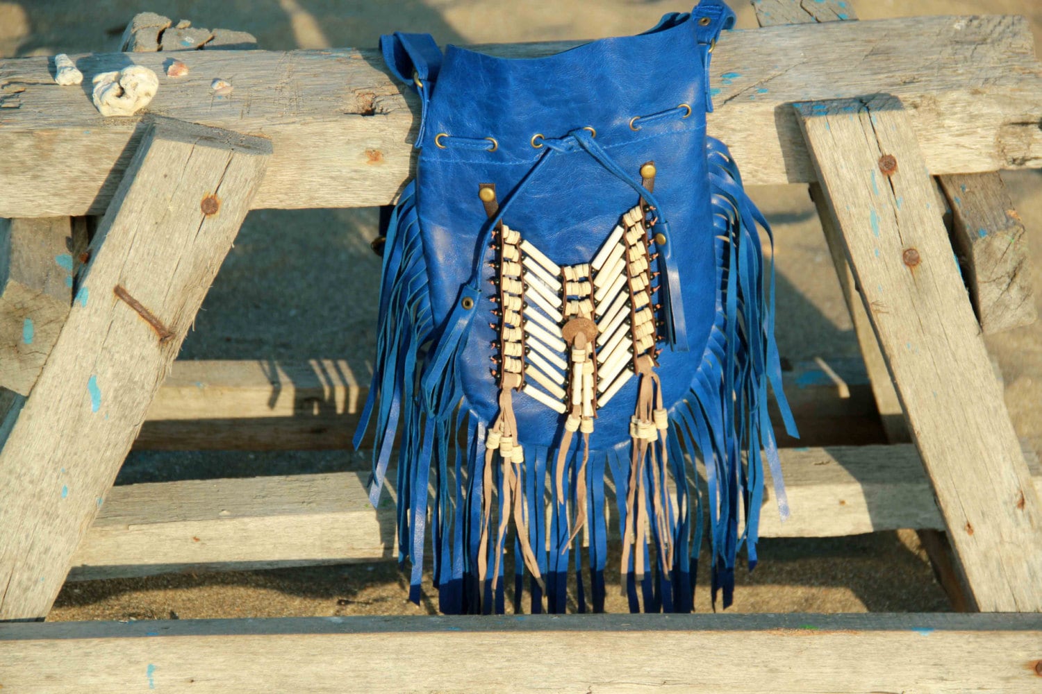 native american inspired bag blue leather bag fringed