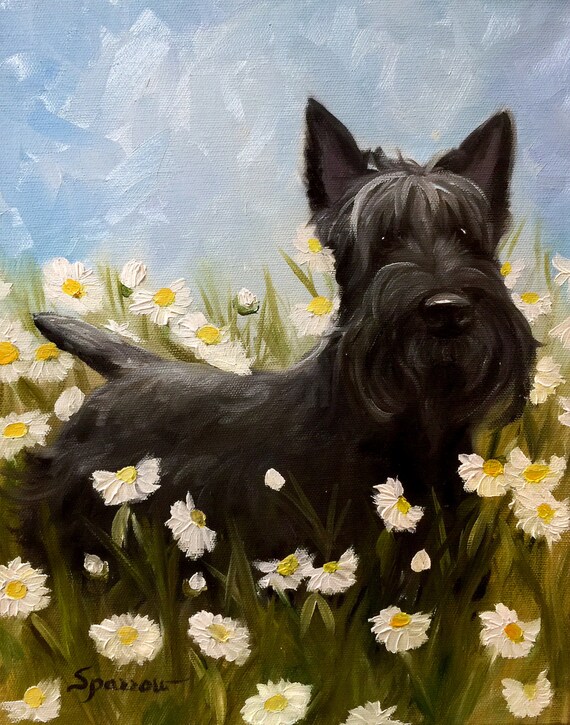 PRINT Scottie Dog Scottish Terrier Picking Daisies pet art dog