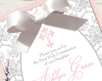 Girl First Communion Invitation Silver and Pink