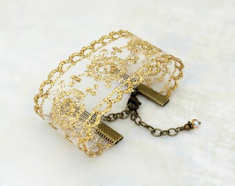 Blue trim bracelet Sky blue ribbon bracelet with gold and