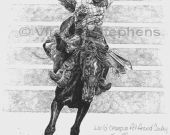 Saddle Bronc drawing of a rodeo cowboy riding a bronc at the