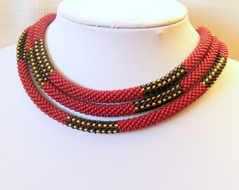 Yellow and violet long beaded crochet rope necklace