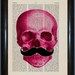 Magenta Skull with moustache Altered Art Print on repurposed