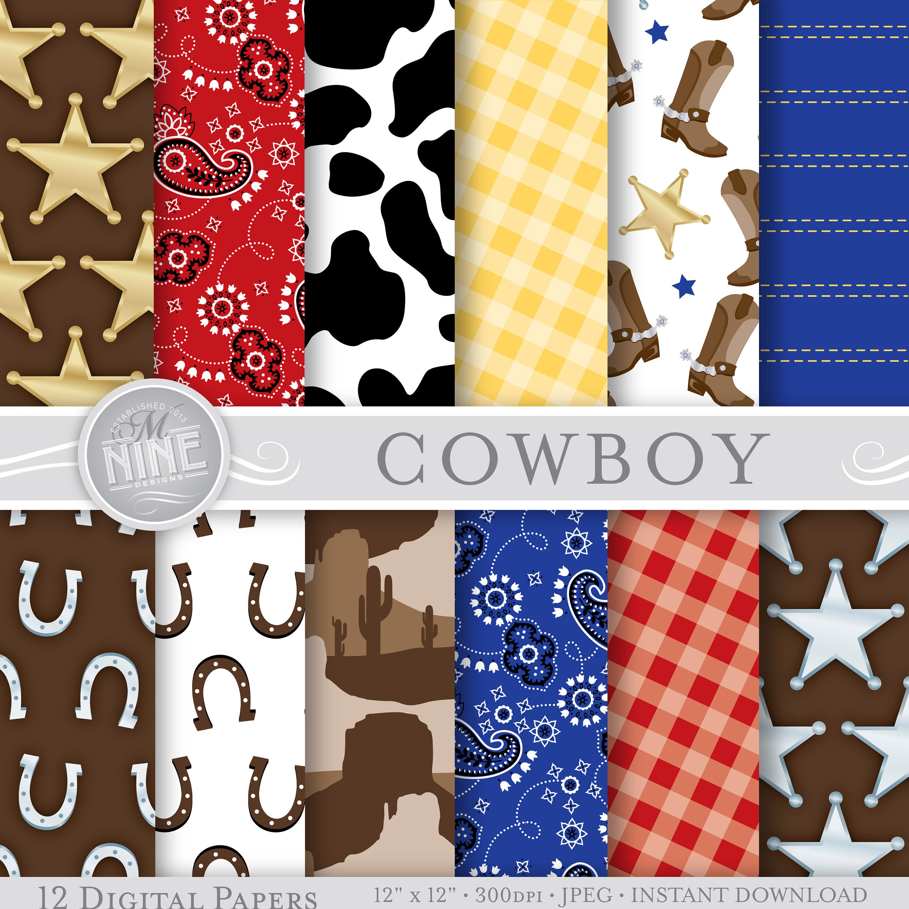 COWBOY Digital Paper: Cowboy Patterns Print Western Party