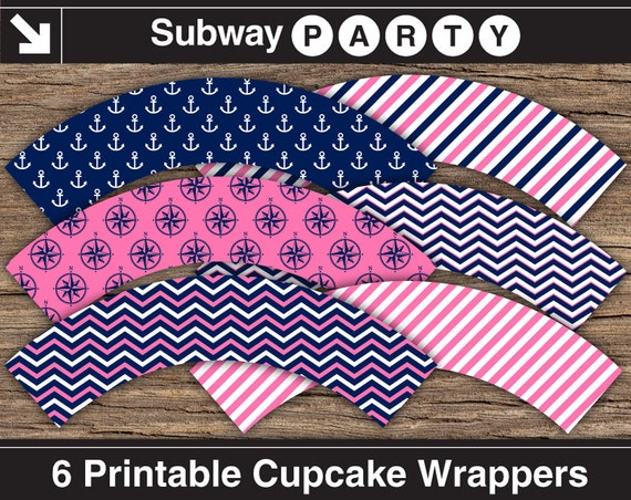 Nautical Printable Cupcake Wrappers. Navy Blue Pink White