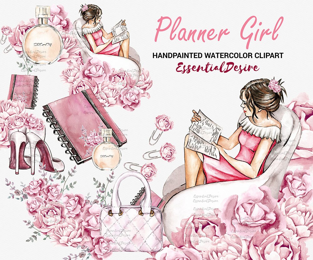 Watercolor Planner Girl Clipart Cute Pink Planner Fashion Girl