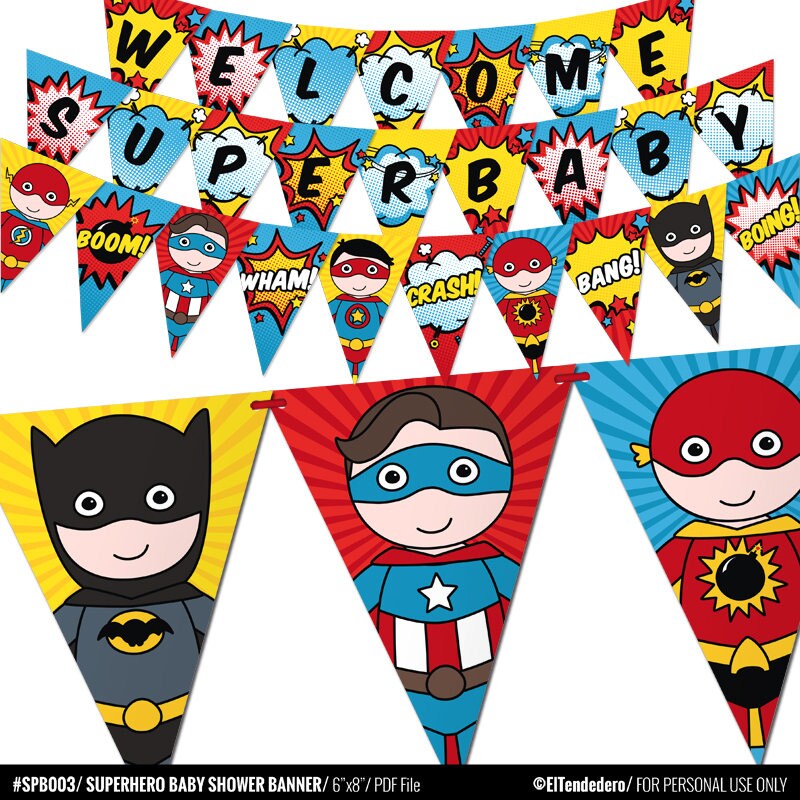 Banderines Baby Shower Superhéroes. Guirnalda Fiesta