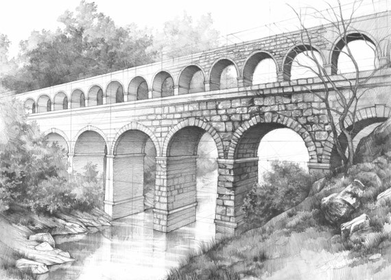 aqueduct ORIGINAL pencil drawing by Katarzyna Kmiecik / roman