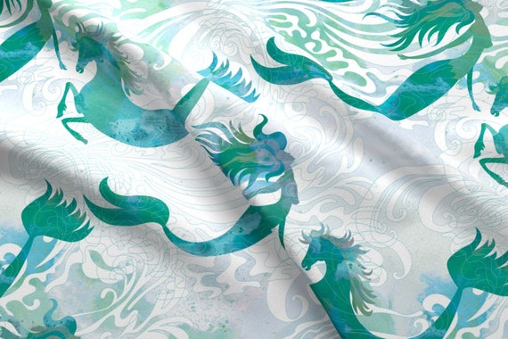 Watercolor Fantasy Creatures Fabric Mermaids Seahorses In