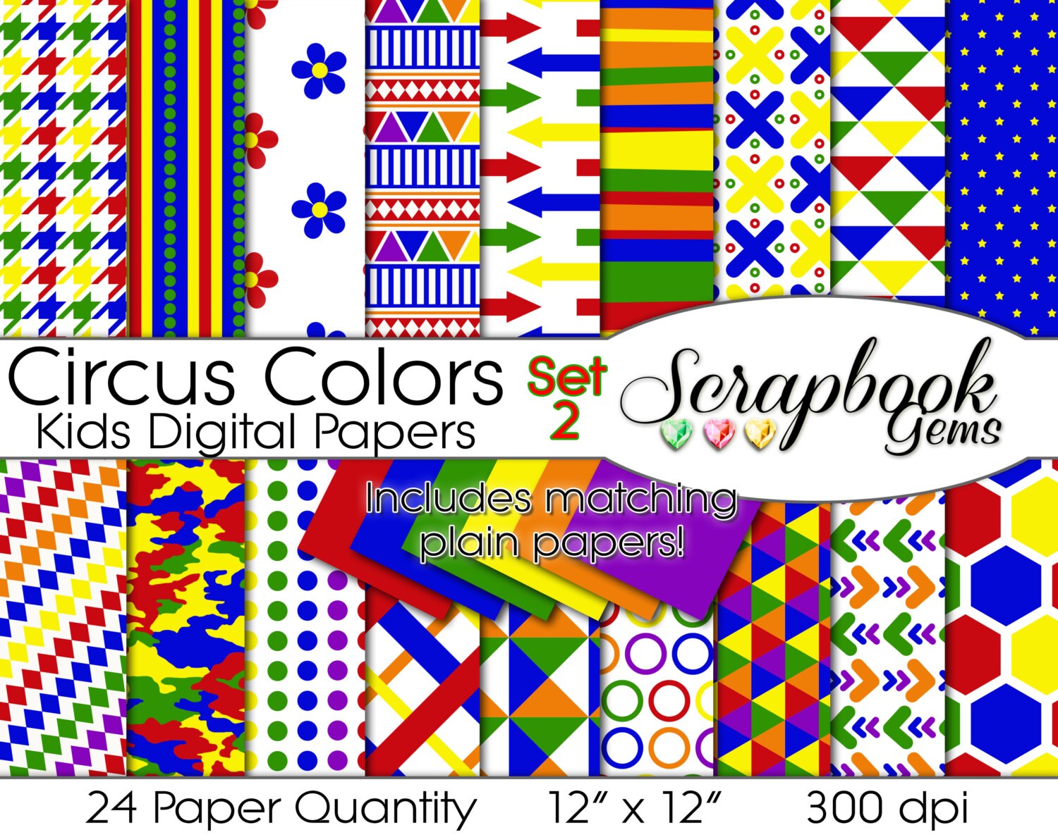 Circus Colors Digital Papers SET 2 24 Pieces 12 x