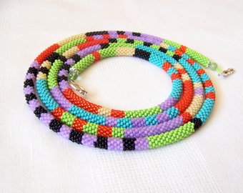 Yellow and violet long beaded crochet rope necklace