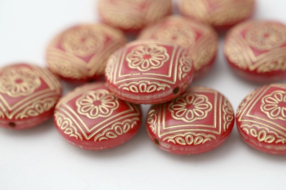 Carved Etched Red Gold Coin Pillow Beads 29mm 10
