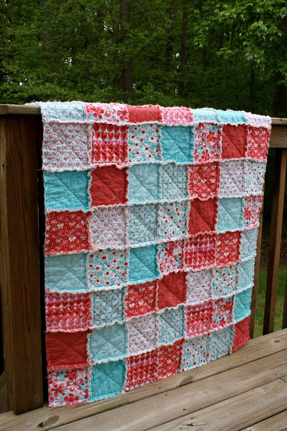 Items similar to Twin Size Rag Quilt, Red and Aqua by Michael Miller ...