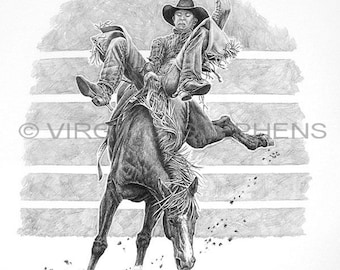 Saddle Bronc drawing of a rodeo cowboy riding a bronc at the