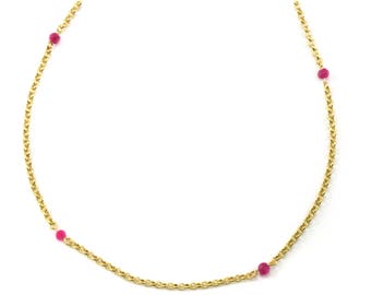 Red Ruby Necklace Spaced Chain Link Faceted Beaded Sterling
