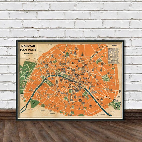Map of Paris Old map print Monumental map Fine giclee
