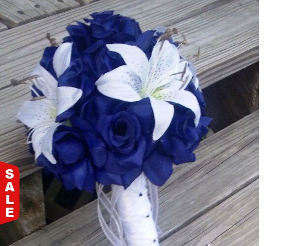Royal Blue Rose White Lily Wedding Bouquet with Boutonniere