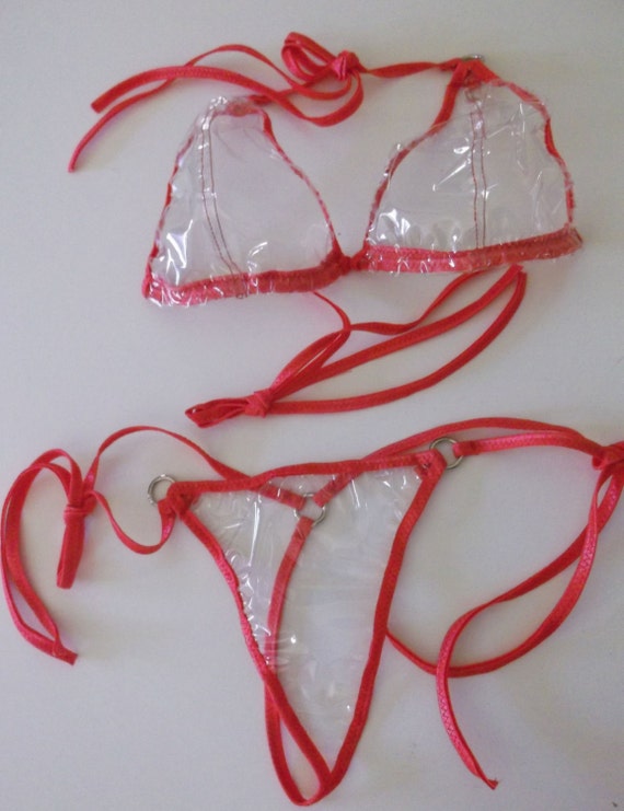Women's CLEAR PLASTIC G String Thong Bikini side ties Tan