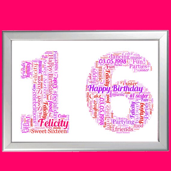 Personalised Sweet 16 Word Art Cloud Perfect gift for a 16th