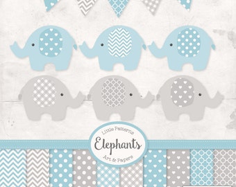 Navy Gray Elephant Clip Art. Boy Baby Shower Digital Paper