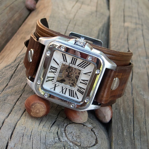 Mens Skeleton Wrist Watch Square Mechanical leather cuff