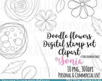 Doodle Flowers ClipArt Boho Digital Flower Line Art Flower