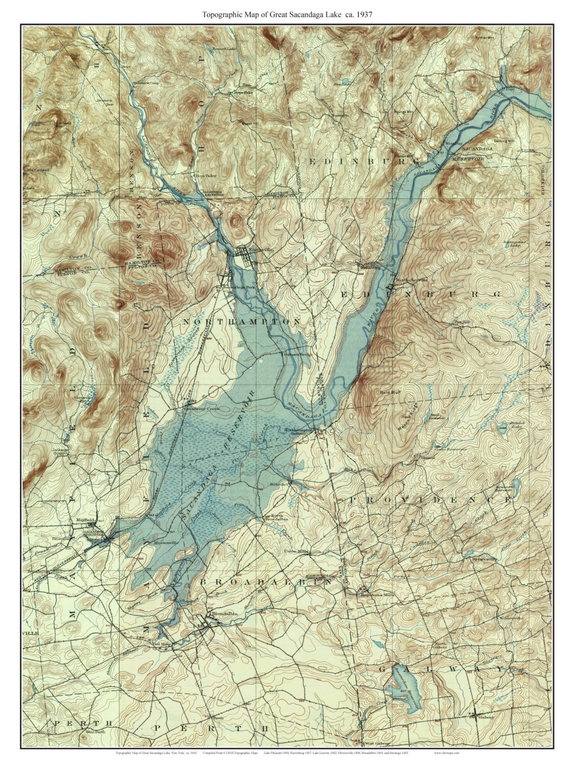 Great Sacandaga Lake 1937 USGS Old topo map Close Up
