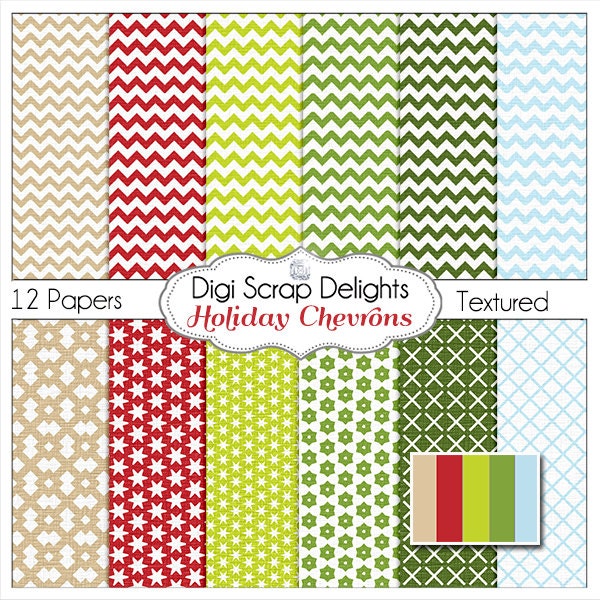 Christmas Chevron Digital Papers Holiday Red Green Blue