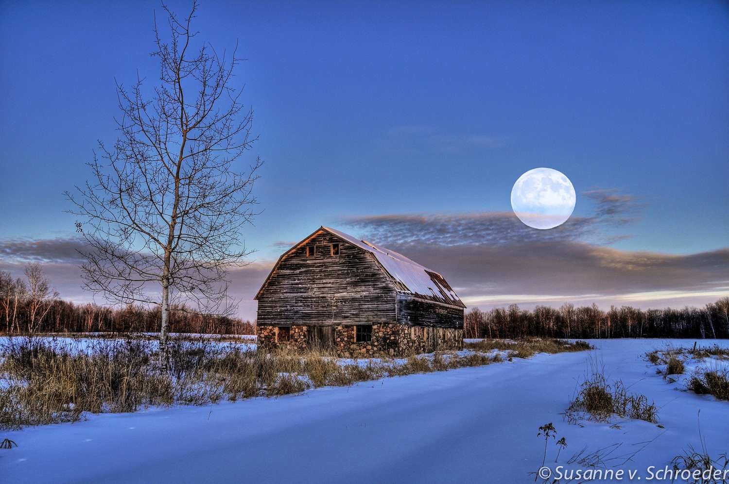 Barn with Full Moon Winter Photography Fine Art Print Rural