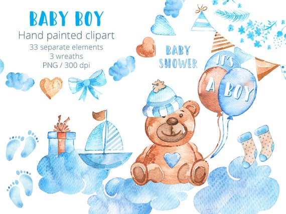 Baby Boy Clipart Set Watercolor New Baby Clip Art Hand Drawn