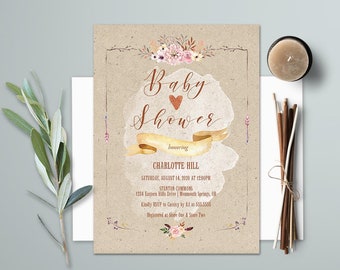 Baby Shower Invitation Kraft Paper Greenery Baby Shower Gender