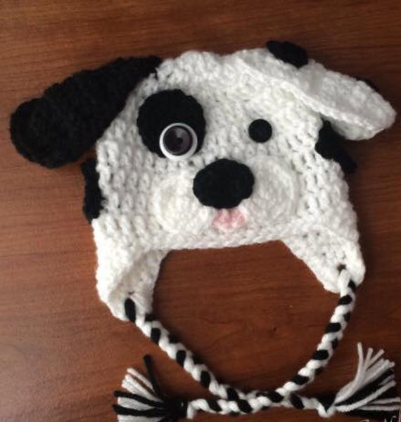 Crochet dalmation hat spotted puppy dog hat with ear flaps