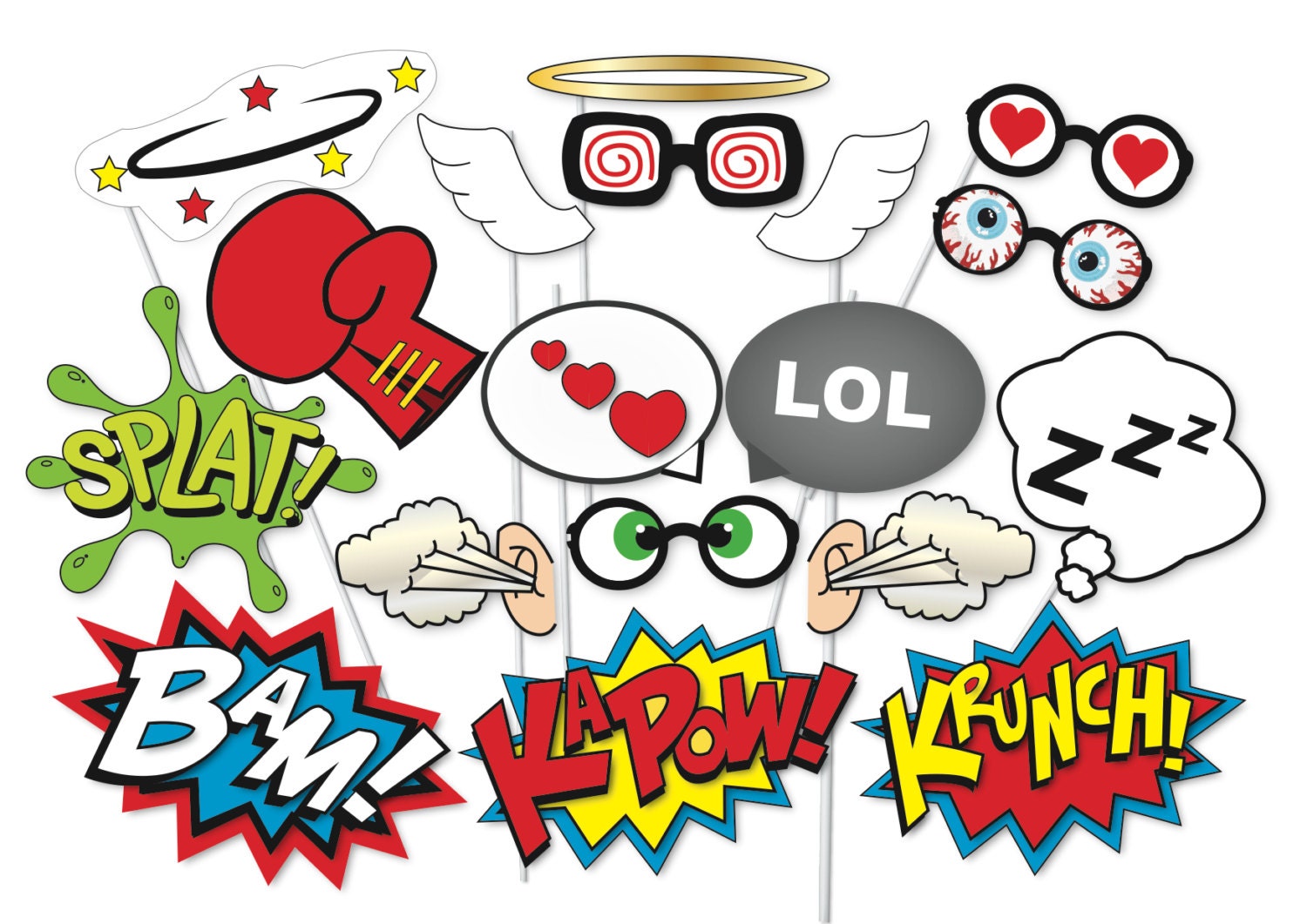 Comic action Photo booth Party Props Set 16 Piece PRINTABLE