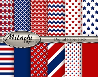 USA Digital Paper set stars and stripes red white and blue
