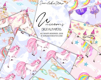 Pastel Digital Paper Unicorn Patterns silhouette mint