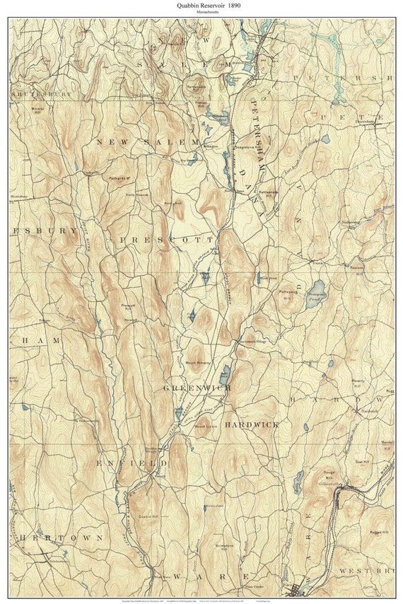 Quabbin Reservoir 1890 USGS Old Topographic Map BEFORE the