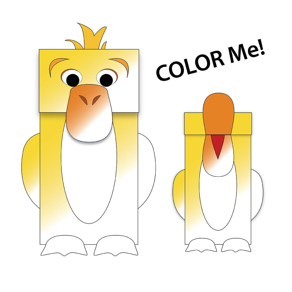 Duck Paper Bag Puppet BLANK Coloring Version Downloadable