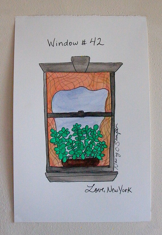 Window Drawing with Plant Original Art Ink and Watercolor