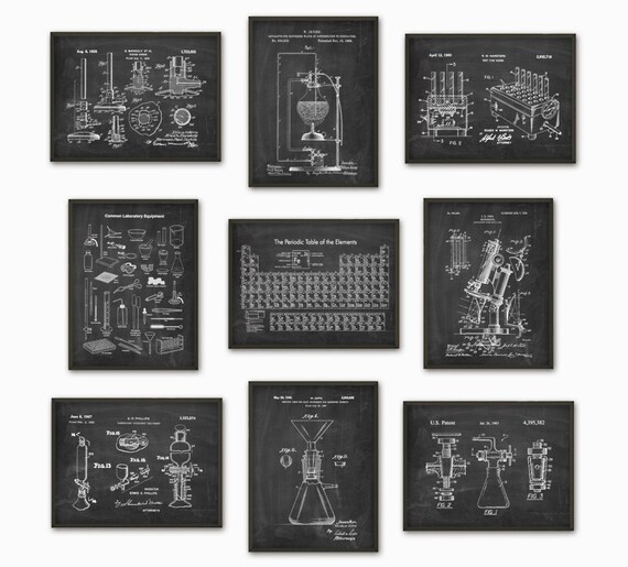Science Patent Prints Set of 9 Chemistry Wall Art Periodic