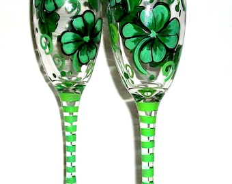 Four Leaf clover Shamrocks St.Patricks Day Hand Painted Wine