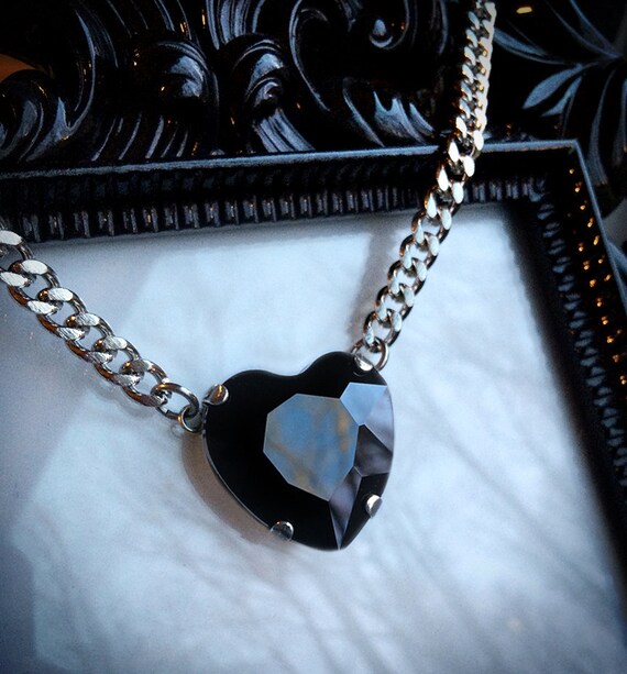 Black Heart Necklace Gothic Wedding Black Crystal Heart