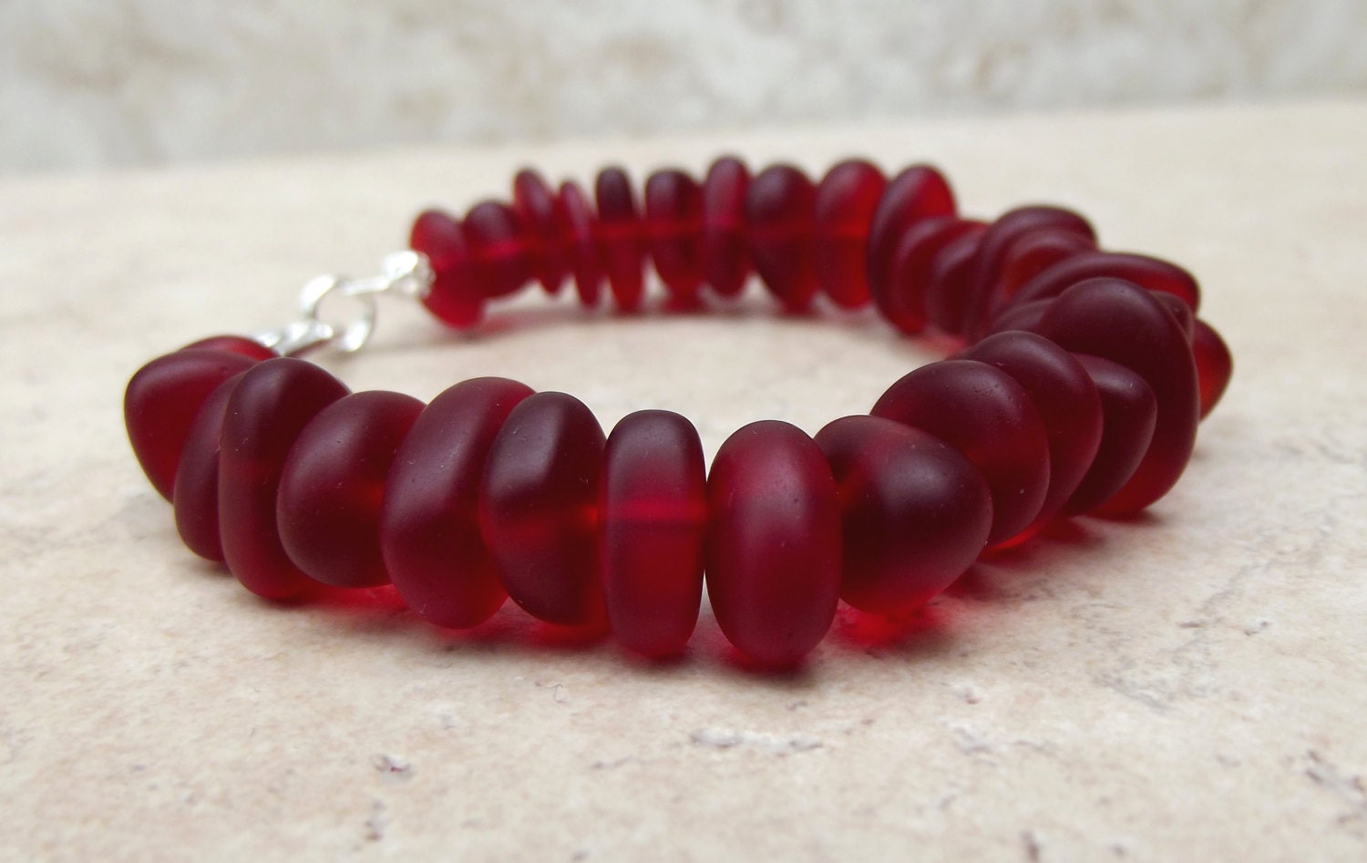 Red Velvet Bracelet: Cherry Red Sea Glass Beaded Pebble