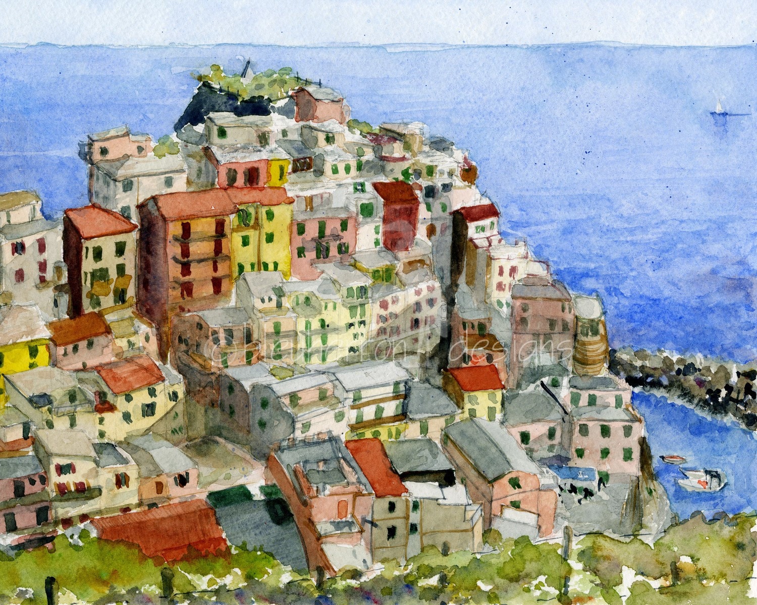 Italy watercolor painting Cinque Terre-Manarola art print