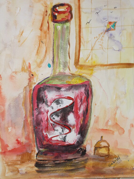 Original Reflected Image abstract watercolor painting bottle