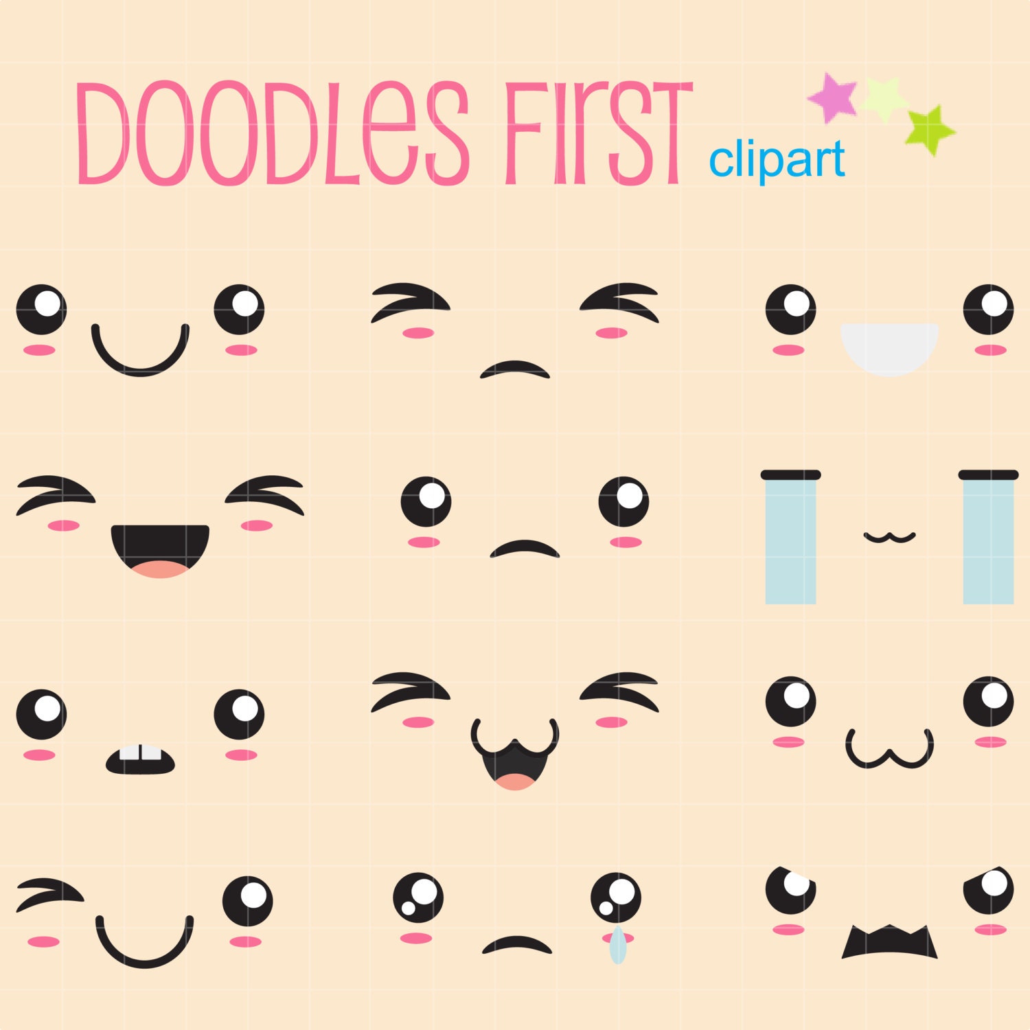 Kawaii Faces And Expressions Digital Clip Art for