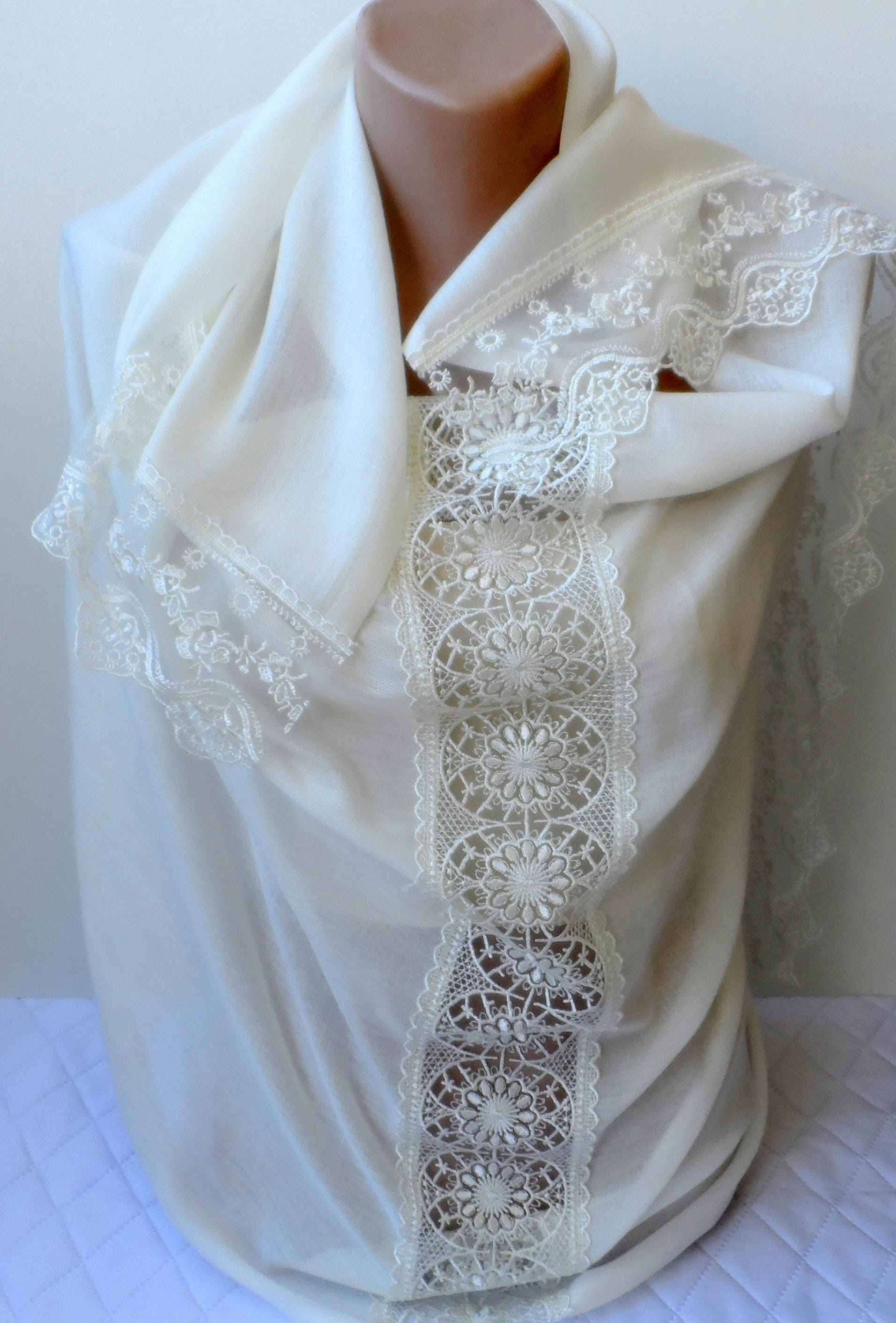Ivory Pashmina with ivory French Lace Romantic Shawl Wraps